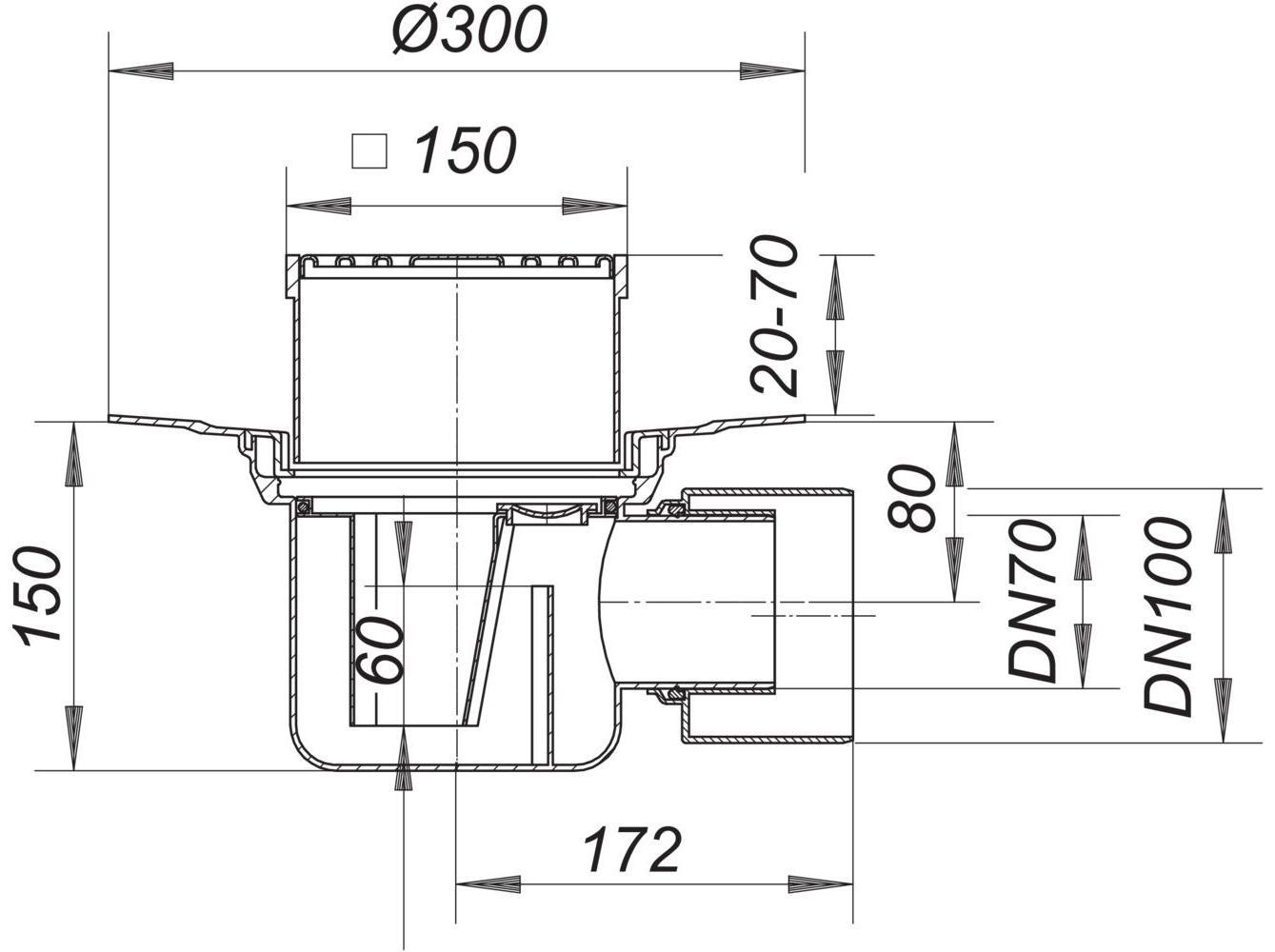 floor drain type 57 KE, DN 50/DN 70, 150 x 150 mm